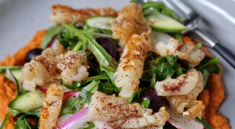 Health Partners | Sumac calamari salad with roast capsicum hummus